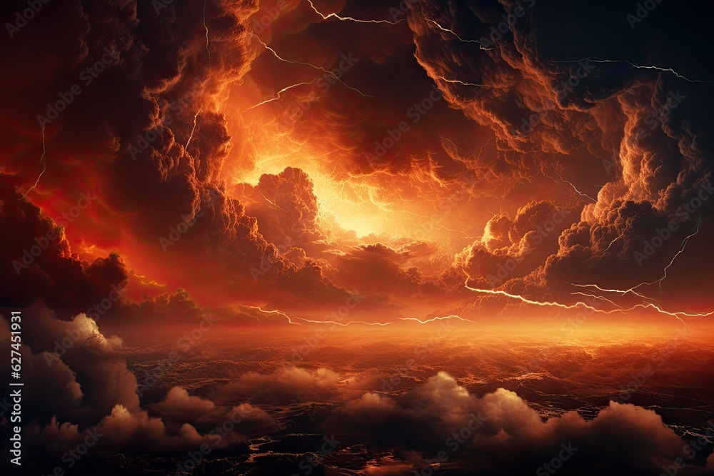 Fiery thunderstorm in the sky. 3D illustration. Natural background, A ...