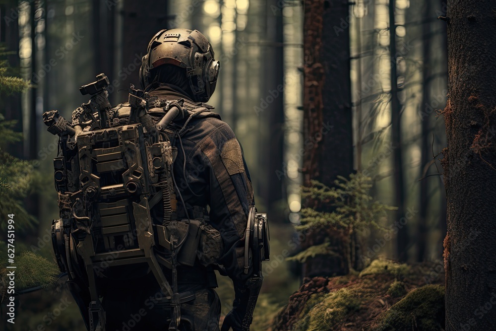 Special forces soldier in the forest. Military concept. Selective focus ...