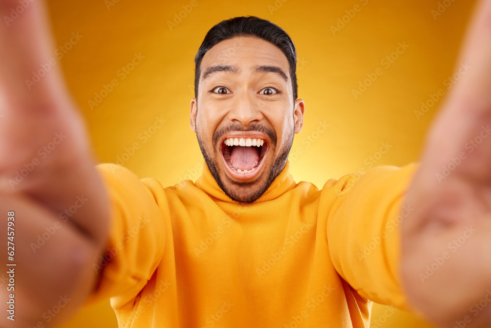Excited, portrait and selfie of happy man in studio isolated on a ...