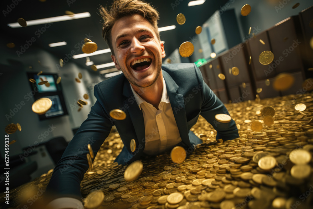 Young businessman with crazy smile in the middle of the golden coins ...