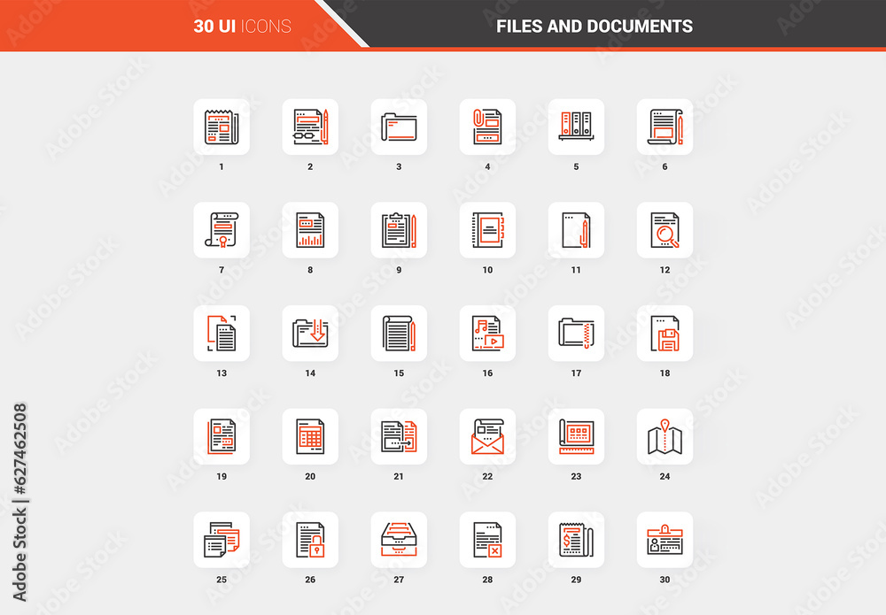 Vector set of files and documents flat line web icons. Each icon with ...