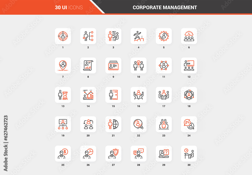 Vector set of corporate management flat line web icons. Each icon with ...