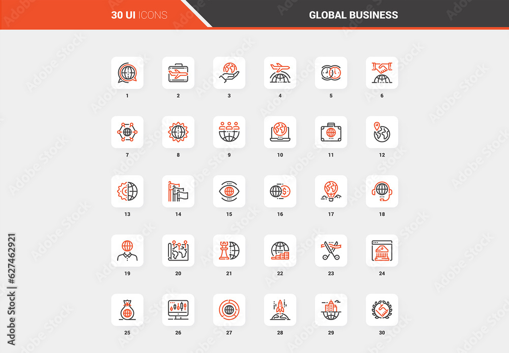 Vector set of global business flat line web icons. Each icon with ...