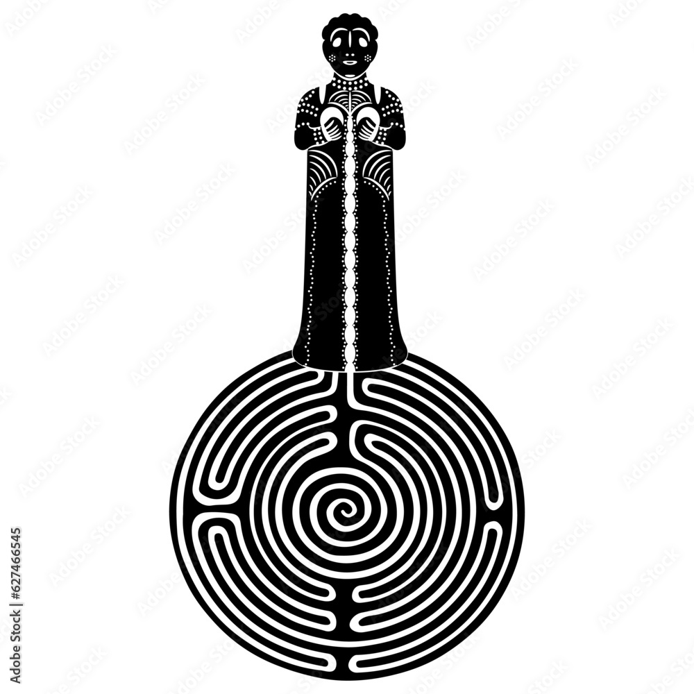 Ariadne. Figurine of Mycenaean mother goddess on top of a round spiral ...