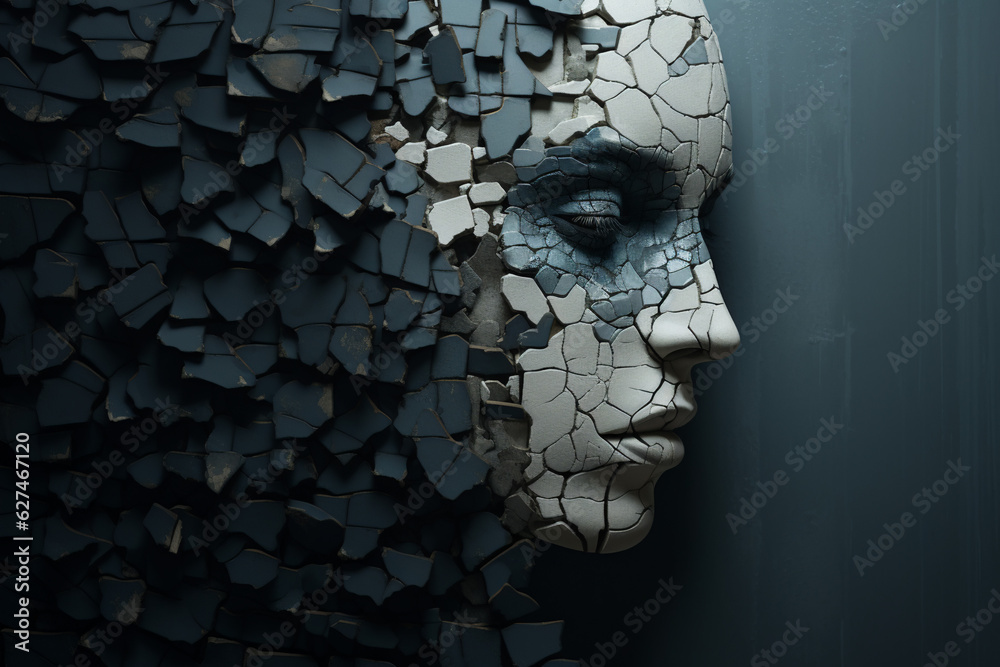 Depression and Anxiety Concept: Broken Face with Cracks Conveying Dark ...
