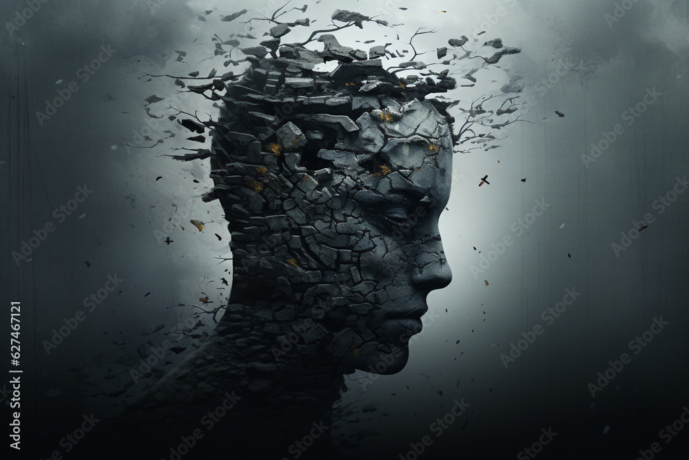 Depression and Anxiety Concept: Broken Face with Cracks Conveying Dark ...