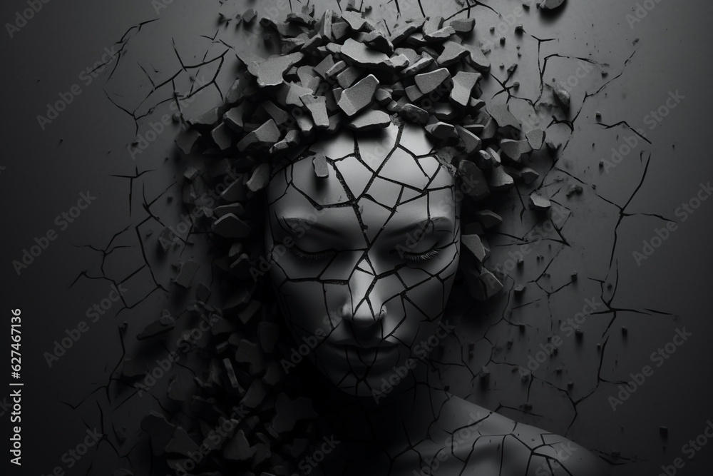 Depression and Anxiety Concept: Broken Face with Cracks Conveying Dark ...