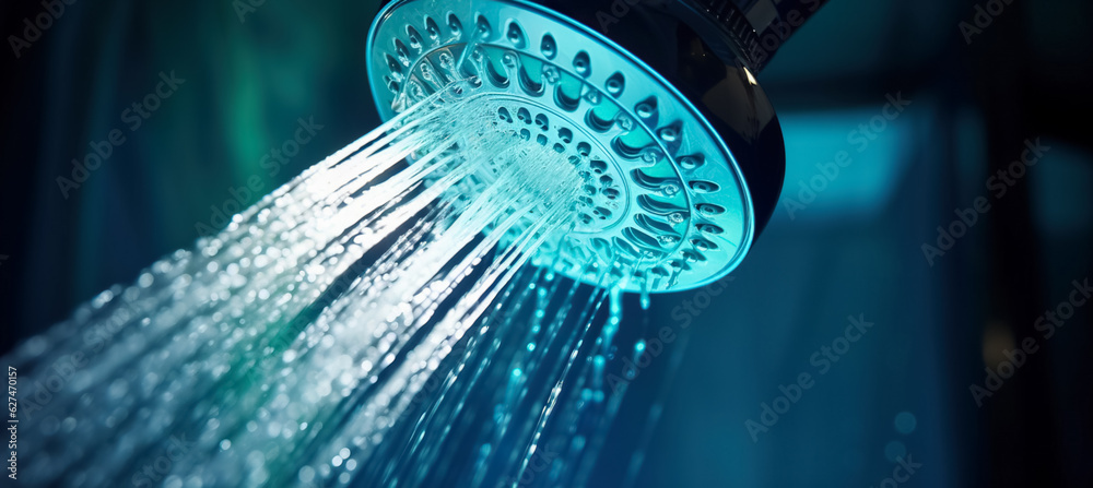 Close up of Water flowing from shower in the bathroom interior. Water ...