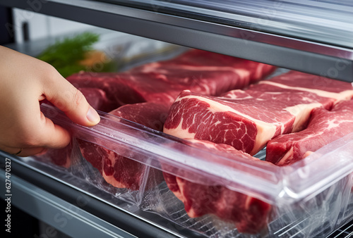 Woman putting raw meat in refrigerator, close up, Refrigerator with ...