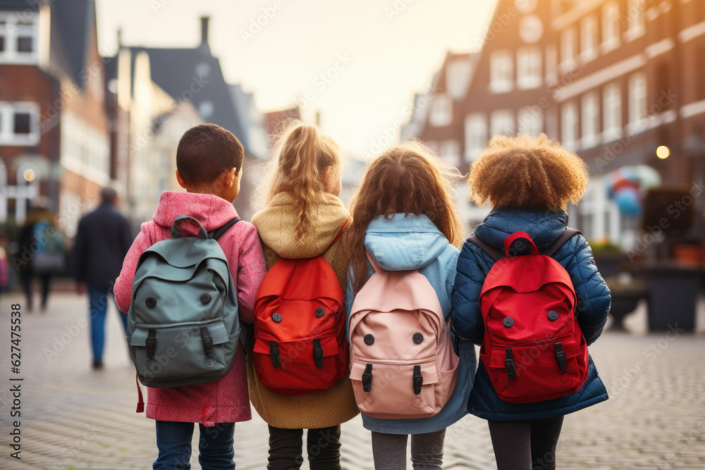 Group of children going back to school . Child wearing a backpack ready ...