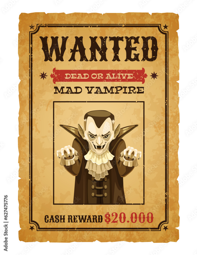 Halloween wanted banner with vampire. Halloween monster dead or alive ...