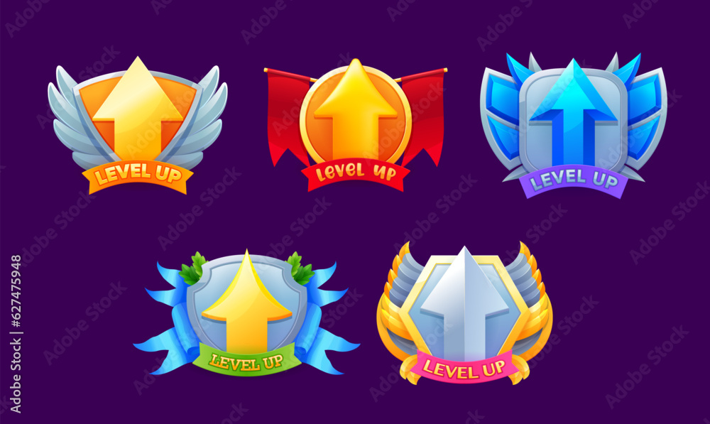 Game level up badges and win icons. Vector bonuses, rank reward emblems ...