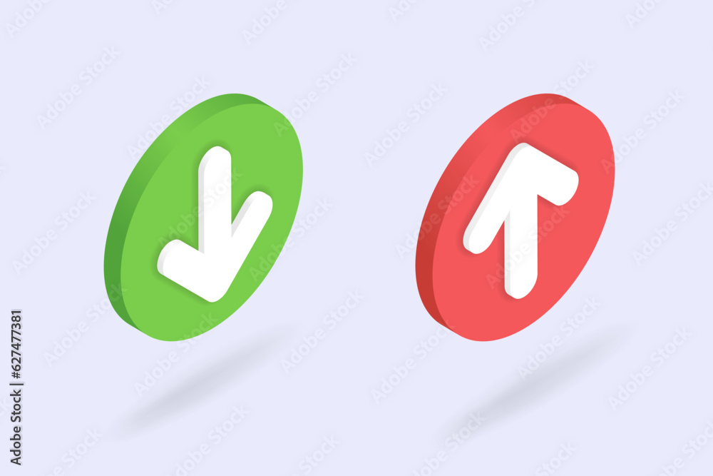 Isometric download and upload buttons set. 3d file loading icon presented at right angle. Up and ...