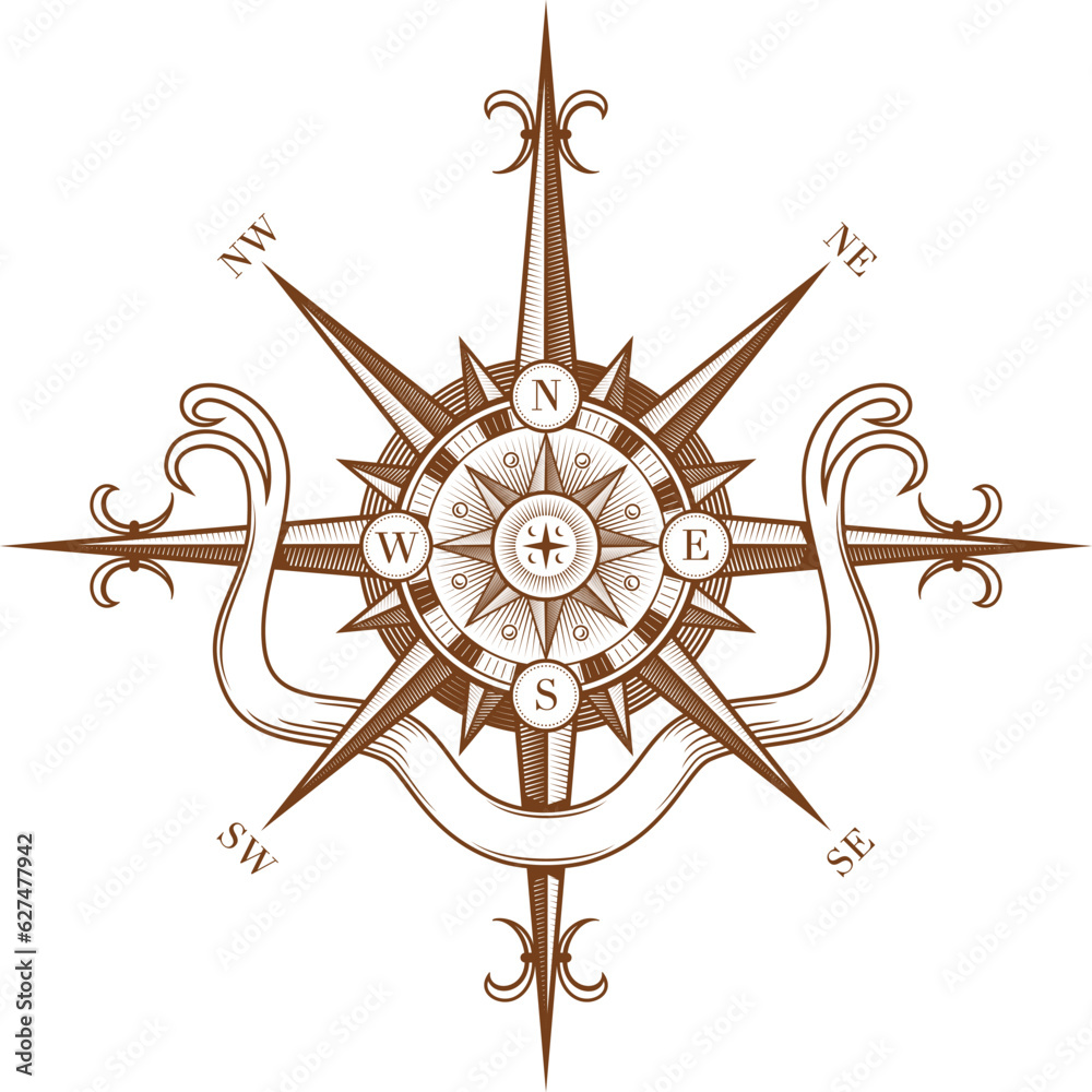 Vintage wind rose compass with medieval antique ribbons isolated icon ...