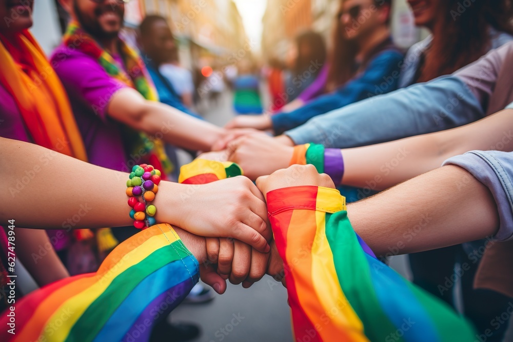 Group of lgbt people holding hands outside - Diverse happy friends ...