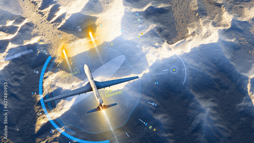 Satellite view of land, war operations, sci-fi. Military target. Drone ...