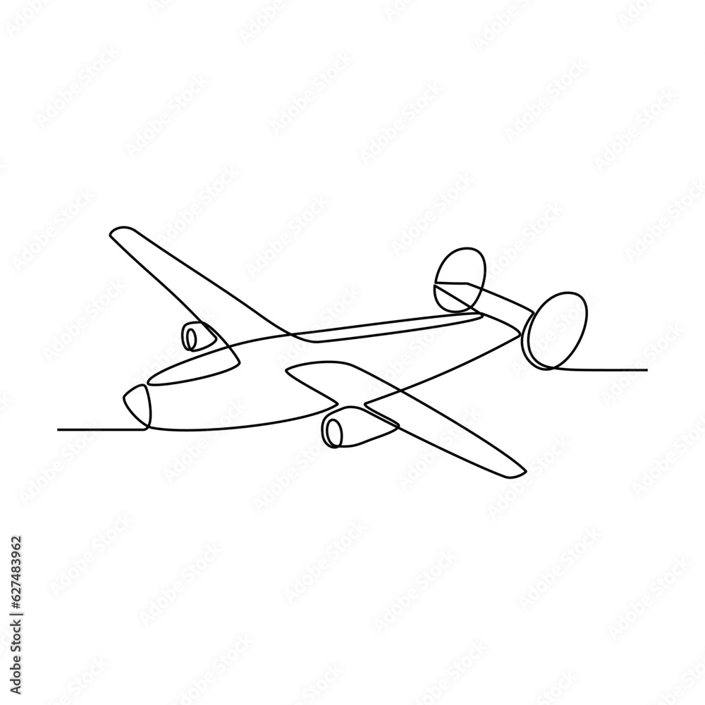 One continuous line drawing of airplane as air vehicle and ...