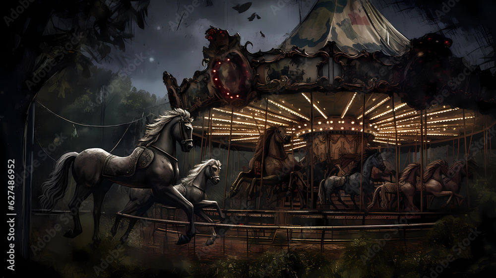 A hauntingly beautiful abandoned amusement park, rusty rides covered in ...