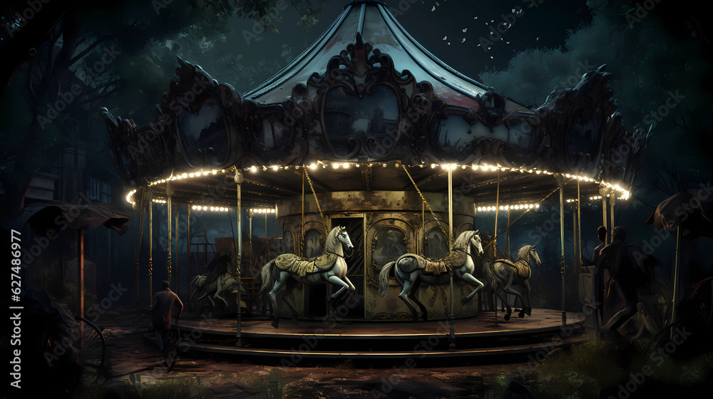 A hauntingly beautiful abandoned amusement park, rusty rides covered in ...