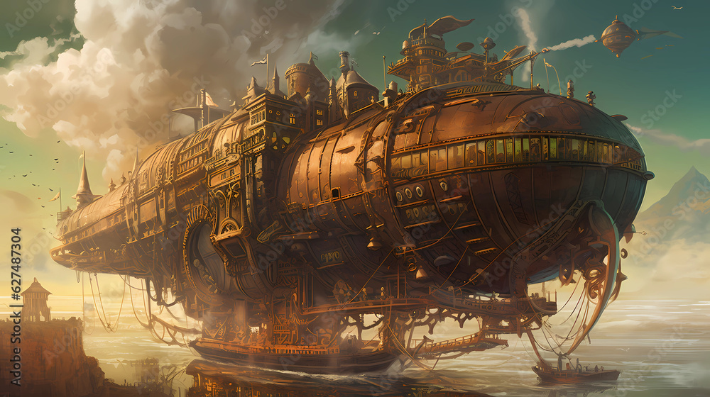 A whimsical steampunk airship soaring through the skies, gears and cogs ...