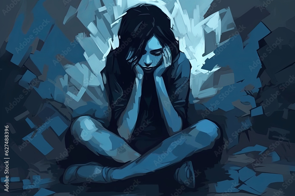 A teenager sitting on the floor battles her mental health issues ...