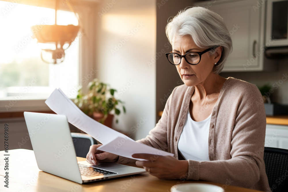 Middle aged senior woman sit with laptop and paper document. Pensive ...