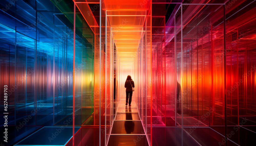 Woman walking through an immersive light and mirror art installation ...