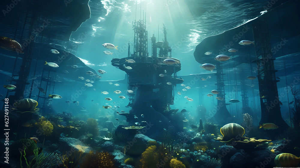 A futuristic underwater city, with transparent domes showcasing a ...