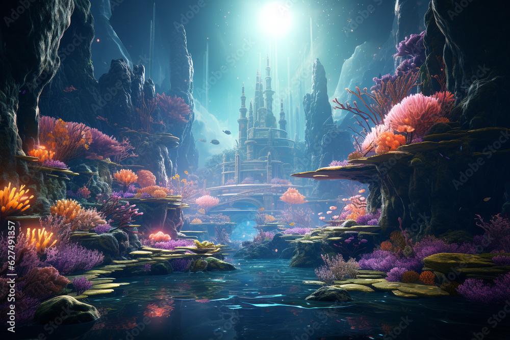 Underwater world with corals turtle fishes ocean inside. coral reef ...