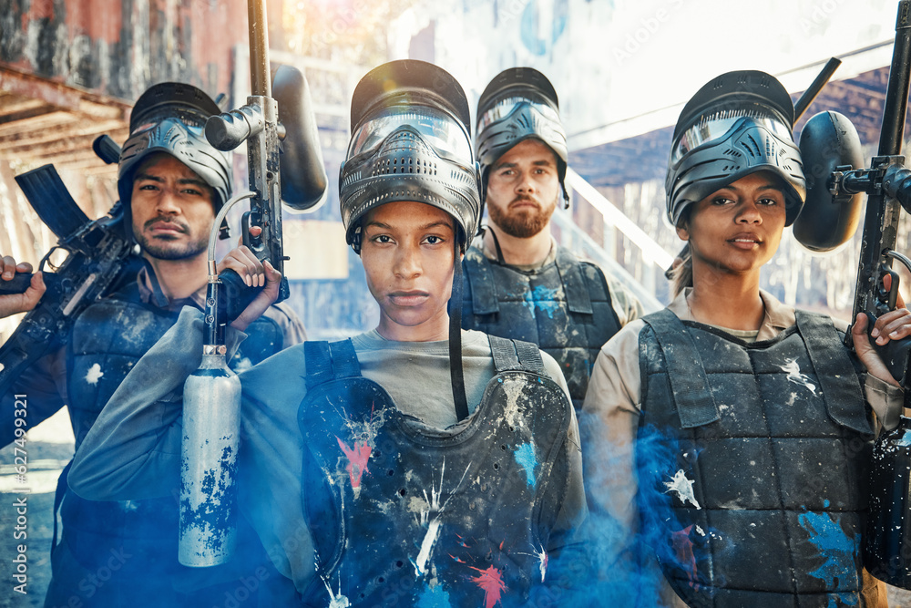 Paintball, focus and portrait of team or people ready for a battle and ...