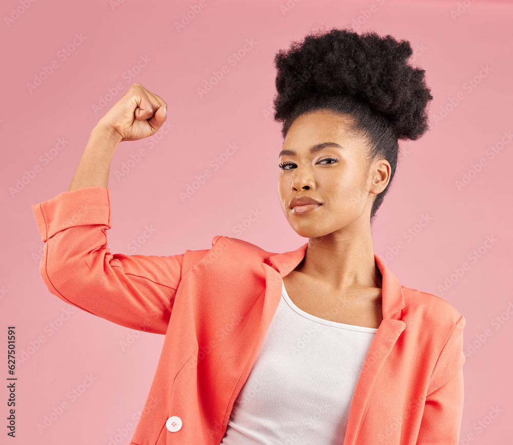 Portrait, black woman and flex for power, winning and empowerment ...