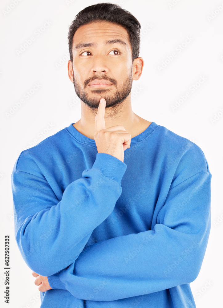 Asian man, thinking face and ideas in studio, white background and ...