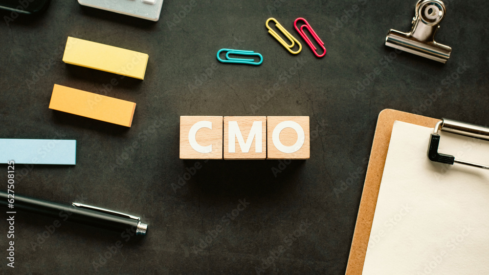 There is wood cube with the word CMO. It is an abbreviation for Chief ...