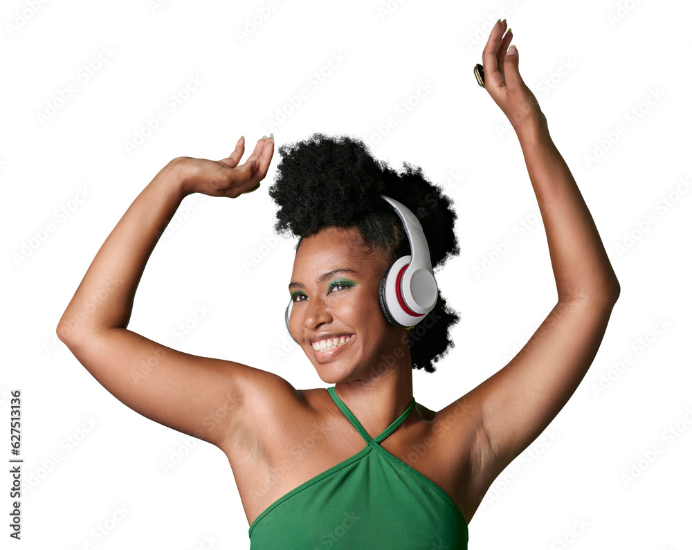 Dance, black woman listening to music with headphones and freedom ...