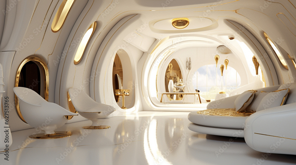 Futuristic rooms in large, luxurious and illuminated spaces. Futuristic ...