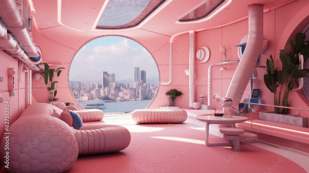 Futuristic rooms in large, luxurious and illuminated spaces. Futuristic ...