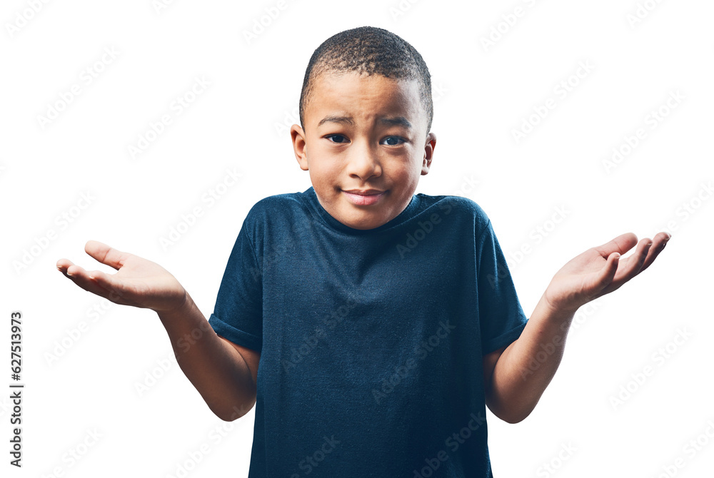 Portrait, cute and boy with doubt, shrug and decision isolated against ...