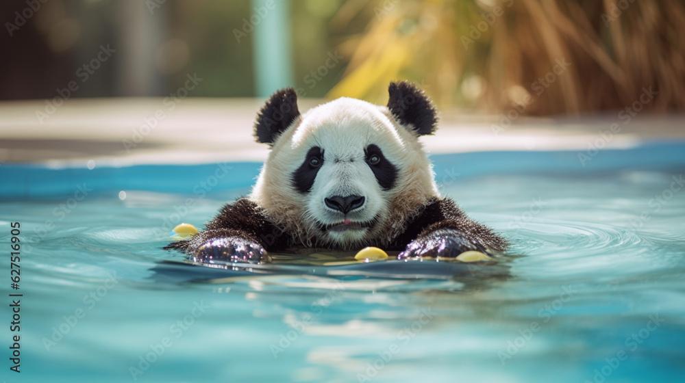 Panda bear on vacation in the pool, on the beach and in the forest ...