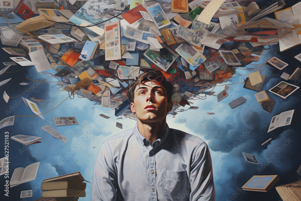 A man's head surrounded by a mess. confused and overthinking concept ...