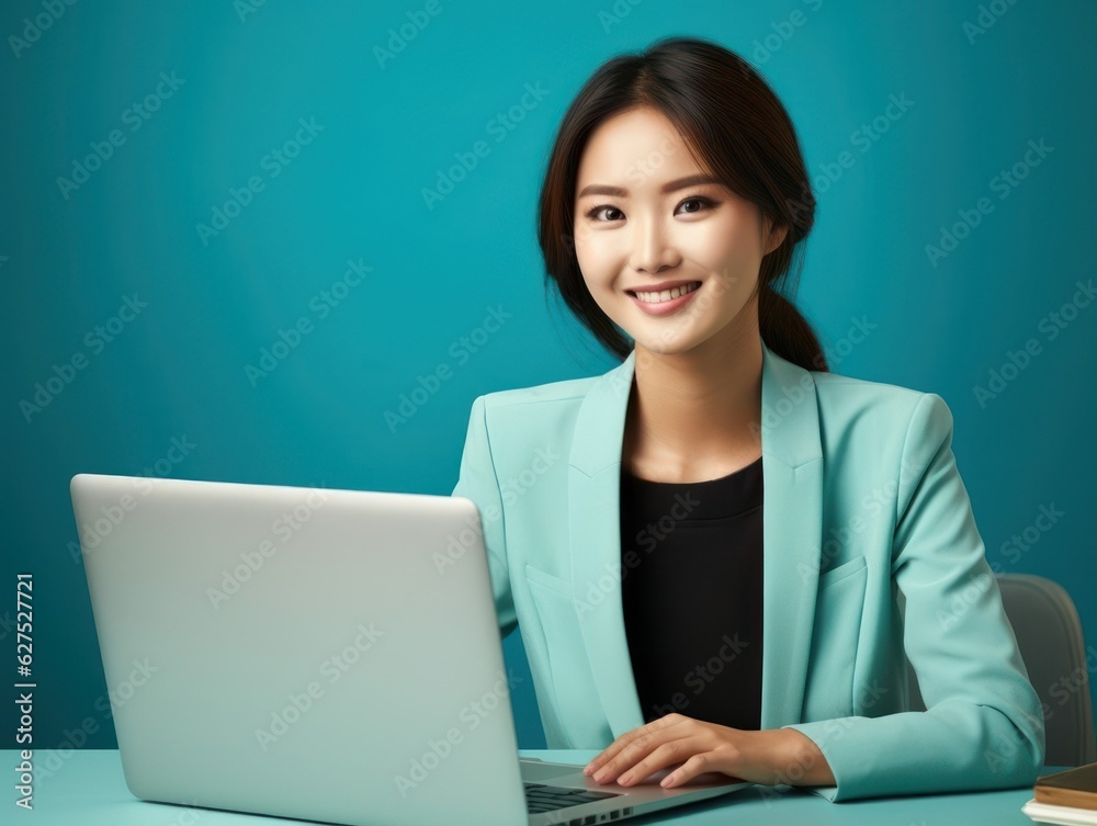 Fictional smiling asian office secretary woman in a green suit using a ...