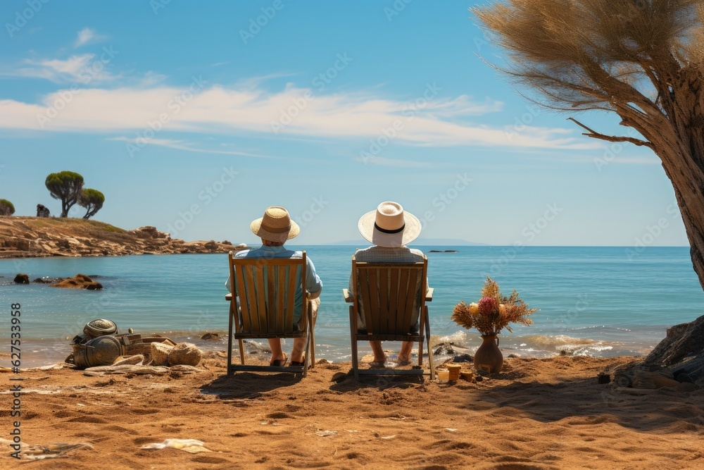 Vacation summer, golden sandy beach,sitting on sun lounger chair right ...
