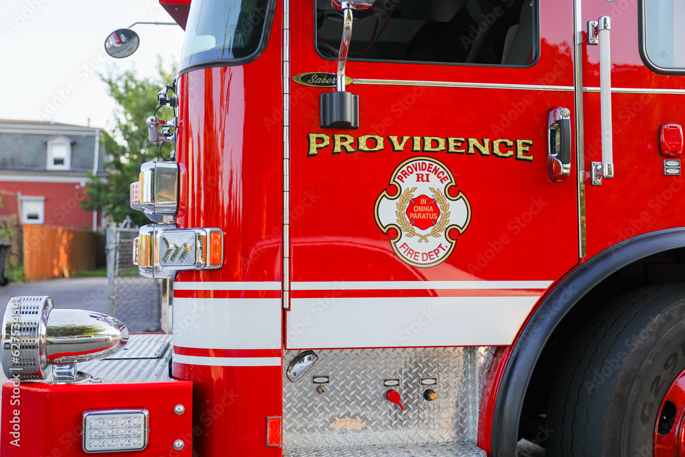 Providence, Rhode Island, USA, July 25, 2023, Firetruck and ambulance, symbols of rescue and ...