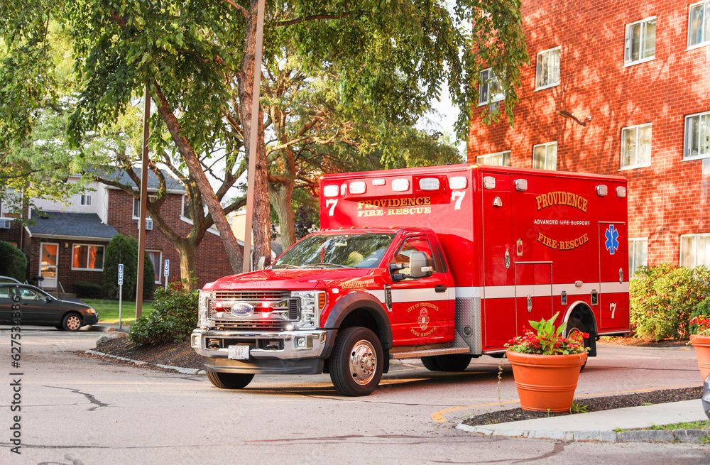 Providence, Rhode Island, USA, July 25, 2023, Firetruck and ambulance, symbols of rescue and ...