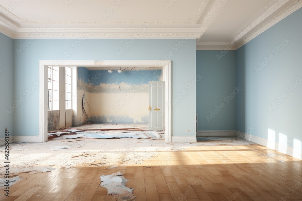 An empty room is depicted with a cross section, showcasing its ...