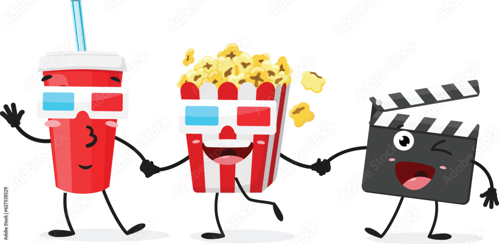 Cartoon Movie clapper with popcorn and drink , set of Cute characters ...