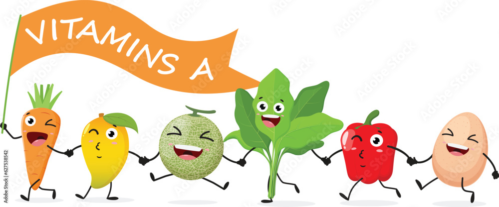 Cartoon Funny vegetables, vitamins A, set of Cute characters, Isolated ...
