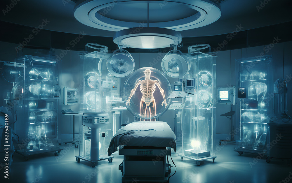 A state-of-the-art futuristic hospital employing advanced artificial ...