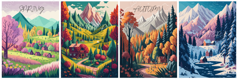 Set of four seasons posters. Winter, spring, summer, autumn nature ...