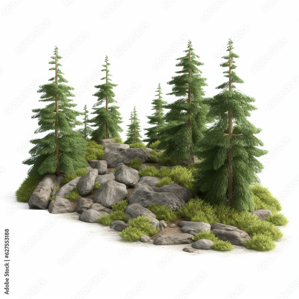 Pathway between mountains and trees, greenery nature isolated on white ...