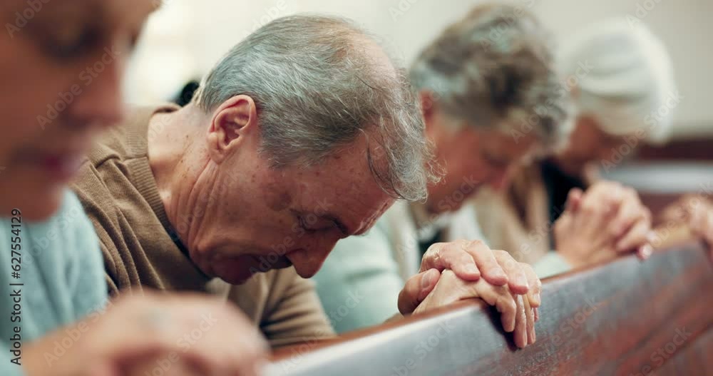 Worship, prayer or old man in church for God, holy spirit or religion ...